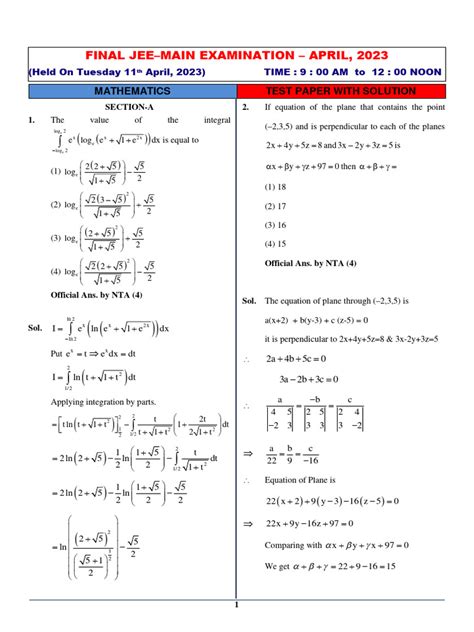 Jee Mains 2023 Shift 1 Question Paper 11 Apr With Solutions Pdf Pdf Mathematical Objects