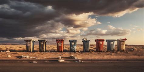 Row Of Overflowing Garbage Bins Under Ominous Sky Generative Ai Stock