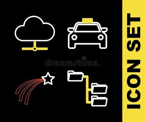 Set Line Taxi Car Folder Tree Falling Star And Network Cloud Connection Icon Vector Stock