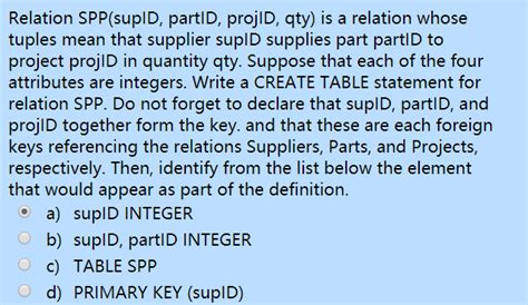 Solved Relation Spp Supid Part D Projid Qty Is A Chegg