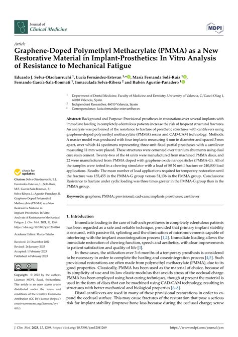 Pdf Graphene Doped Polymethyl Methacrylate Pmma As A New Restorative Material In Implant