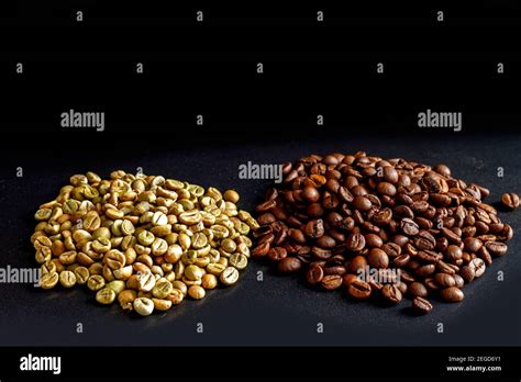 Unroasted And Roasted Coffee Beans Of The Robusta Variety On A Black