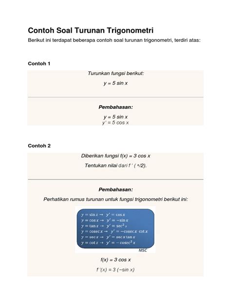 Contoh Soal Turunan Trigonometri Pdf