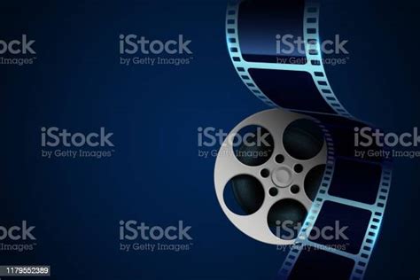 시네마 릴이 있는 파형의 실제 필름 스트립 벡터 포스터 디자인 템플릿입니다 파란색 배경에 고립 된 3d 전단지 또는 포스터 축제 영화 시간 배경입니다 영화 산업의 시네마토