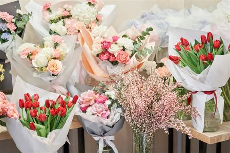 Flower Shop Concept Different Varieties Fresh Spring Flowers In