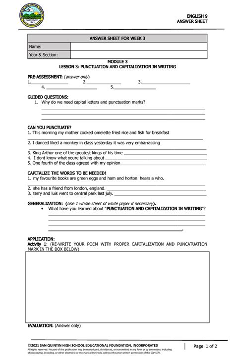 Answer Sheet For Week 1 And 2 For Modules Grade 9 Page 1 Of 2 English 9