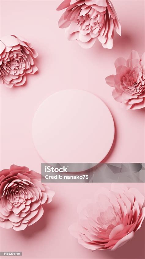 3d 그림분홍색 배경에 분홍색 종이로 만든 여러 꽃 실린더 바닥 봄 배경 이미지입니다 오버헤드 보기 받침대에 대한 스톡 사진 및 기타 이미지 Istock
