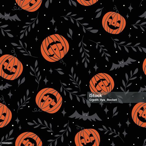 검은 배경에 호박과 박쥐가 웃고 있다 할로윈을 위한 원활한 패턴 10월에 대한 스톡 벡터 아트 및 기타 이미지 10월 가을 검은색 Istock