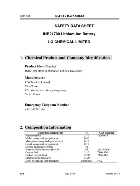 Msds Battery Lg Pdf Chemistry Physical Sciences