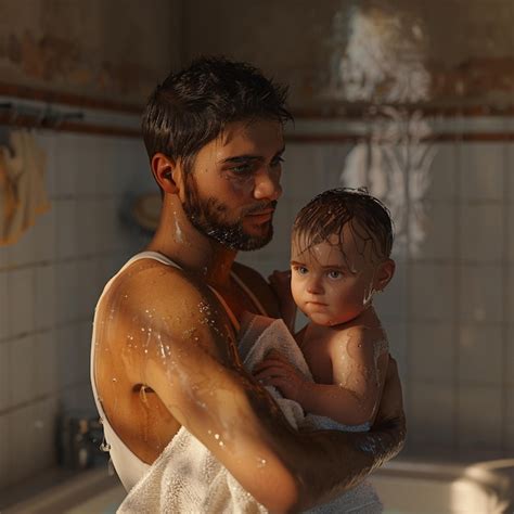 Dad Holds His Daughter In His Arms After The First Bath Premium Ai Generated Image