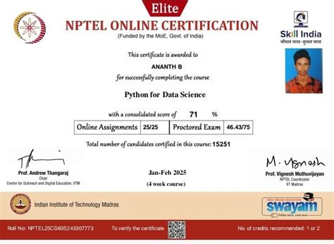 Python Datascience Nptel Certificateofcompletion Upskilling Ananth B
