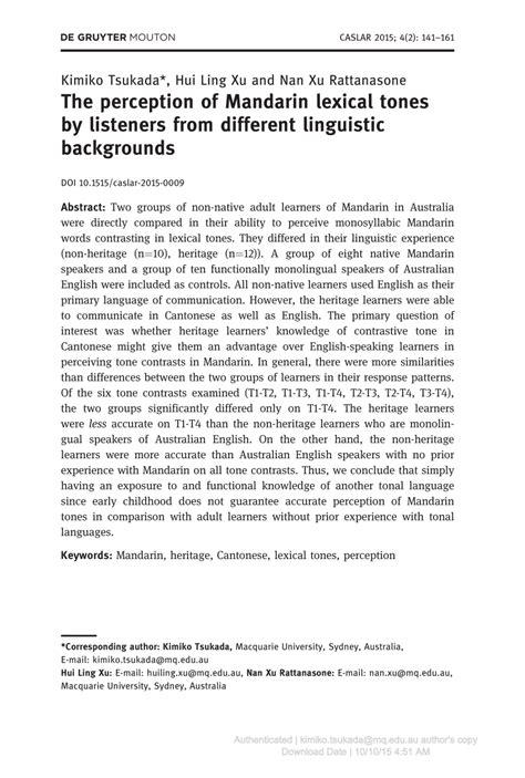 Pdf The Perception Of Mandarin Lexical Tones By Listeners From