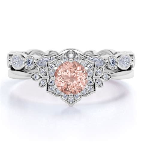 Jeenmata 2 Carat Round Cut Pink Created Morganite And Moissanite Flower