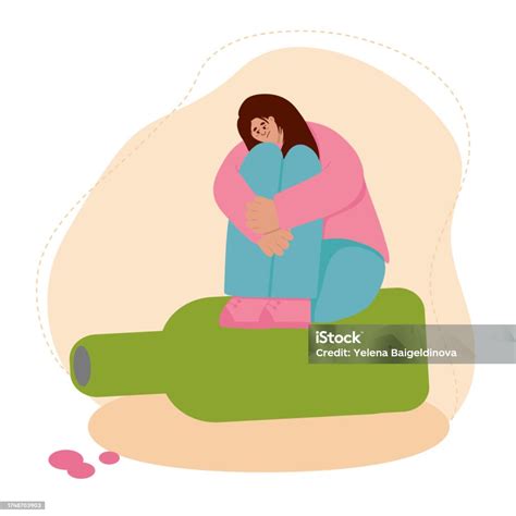 여성 알코올 중독 슬픈 소녀가 와인 병에 앉아 있습니다 나쁜 습관 알코올 중독 플랫 벡터 그림 고독 부정적인 감정 표현에 대한 스톡 벡터 아트 및 기타 이미지 Istock