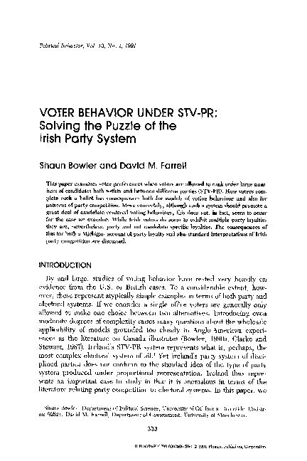 Pdf Voter Behavior Under Stv Pr Solving The Puzzle Of The Irish Party System