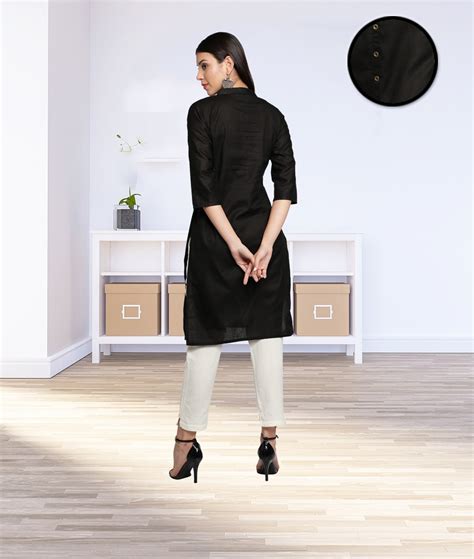 Fabclub Cotton Flex Solid Plain Front Slit Straight Women Kurta Black