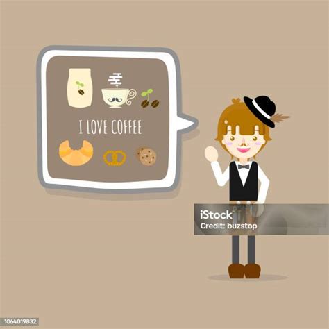 쿠키 크로 꽈 배기 커피 바리 스타 남성 앞치마 나 갈색 배경 평면 벡터 일러스트 만화 캐릭터 의상에서에서 커피를 사랑 하는 연설 거품 가방에 대한 스톡 벡터 아트 및 기타