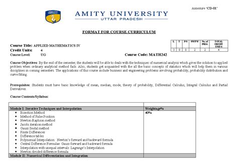 Math Syllabus Summary Applied Mathematics Iii Annexure ‘cd 01 Format For Course Curriculum