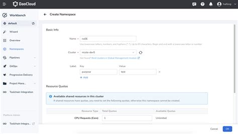 Create Namespace Daocloud Enterprise