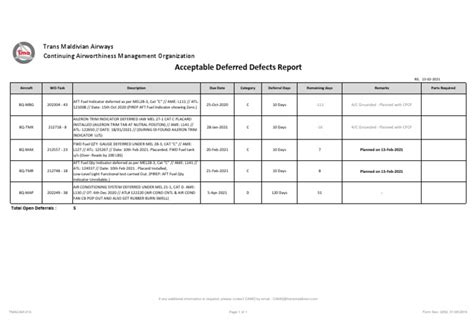Acceptable Deferred Defects Report 13 Feb 2021 Pdf Vehicle Design
