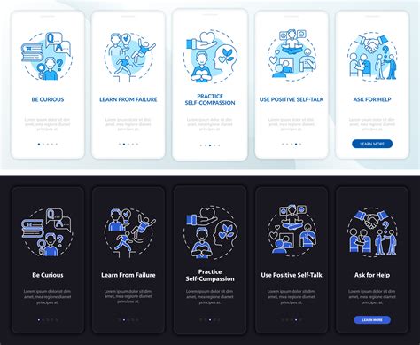 Happiness Mind Strategy Light Dark Onboarding Mobile App Page Screen Walkthrough 5 Steps