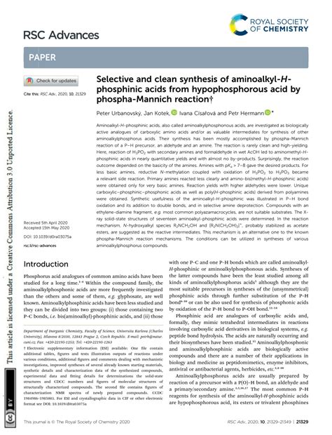 Pdf Selective And Clean Synthesis Of Aminoalkyl H Phosphinic Acids