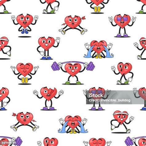유쾌한 이음매 없는 패턴은 다양한 포즈와 표정 벡터 일러스트레이션으로 귀여운 만화 하트 캐릭터를 특징으로 합니다 감정에 대한 스톡 벡터 아트 및 기타 이미지 Istock