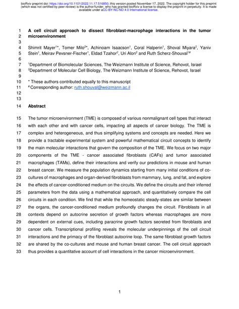 Pdf A Cell Circuit Approach To Dissect Fibroblast Macrophage Interactions In The Tumor