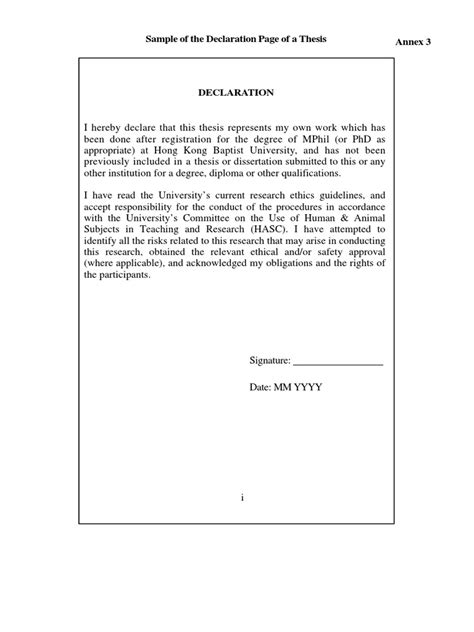 Sample Of The Declaration Page Of A Thesis Pdf