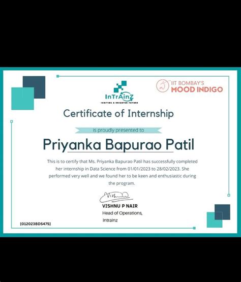 Priyanka Patil On Linkedin Data Science Internship Done With Intrainzh
