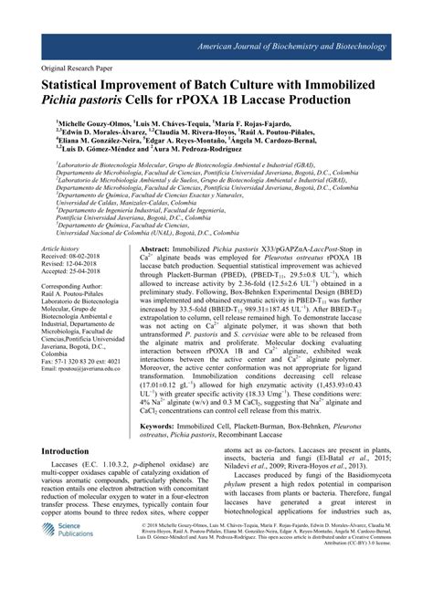 Pdf Statistical Improvement Of Batch Culture With Immobilized Pichia Pastoris Cells For Rpoxa