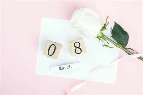 핑크 배경에 흰색 장미와 3 월 8의 나무 블록 달력 국제 여자의 날은 매년 축 하 합니다 휴일 개념입니다 플랫 레이 평면도
