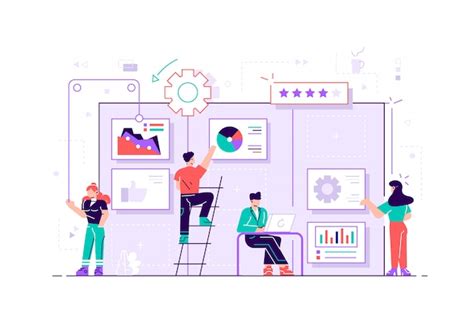 대형 칸반 보드에서 카드를 움직이는 팀원 팀워크 커뮤니케이션 상호 작용 비즈니스 프로세스 민첩한 프로젝트 관리 개념 바이올렛 팔레트 흰색 배경에 평면 그림