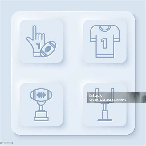 라인 번호 1 손가락을 든 팬 핸드 글러브 1개 미식 축구 공 미식 축구 저지 수상 컵 미식 축구 공 축구 골 포스트를 설정합니다 흰색 사각형 버튼 벡터 1위에 대한 스톡