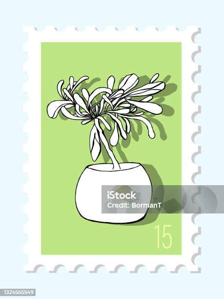 벡터 아름다운 손으로 그린 녹색 포스트 스탬프 현대 벡터 절연 포스트 스탬프 디자인 벡터 일러스트 홈 식물 흑백 스탬프를 게시합니다 메일 및 우체국 개념 드로잉 0명에 대한