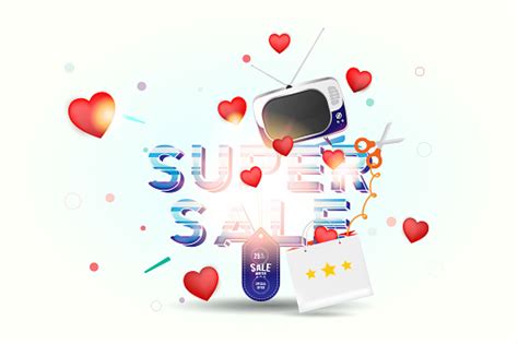 슈퍼 판매 25 할인입니다 방대한 텍스트 레트로 Tv와 조명 효과와 빛 배경에 빨간 마음에 큰 할인에 대 한 개념 평면 벡터