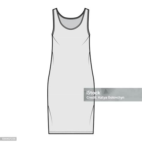 스쿱 넥 스트랩 무릎 길이 오버사이즈 바디 펜슬 풀이 있는 탱크 드레스 테크니컬 패션 일러스트 플랫 드레스에 대한 스톡 벡터 아트 및 기타 이미지 Istock