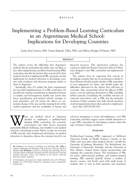 Pdf Implementing A Problem Based Learning Curriculum In An