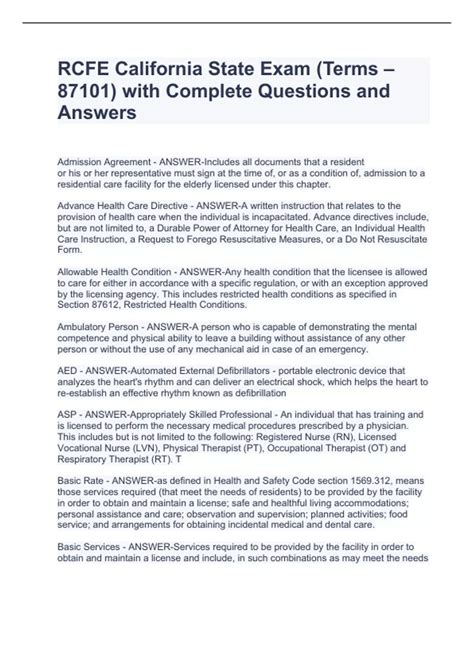 RCFE California State Exam Terms With Complete Questions And Answers Rcfe Stuvia US