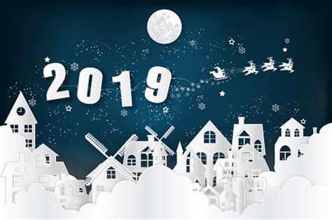 종이 예술 컷 그리고 스노우 도시 구름 및 휴일과 Xmas 일 개념으로 겨울 배경에서 메리 크리스마스 산타 썰매와 순 록의 디지털 공예 스타일 벡터 일러스트 레이 션