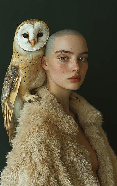 A Woman With A Bald Head And A Owl On Her Shoulder Premium AI