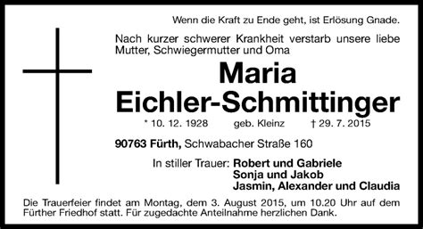 Traueranzeigen Von Maria Eichler Schmittinger Trauer Nn De