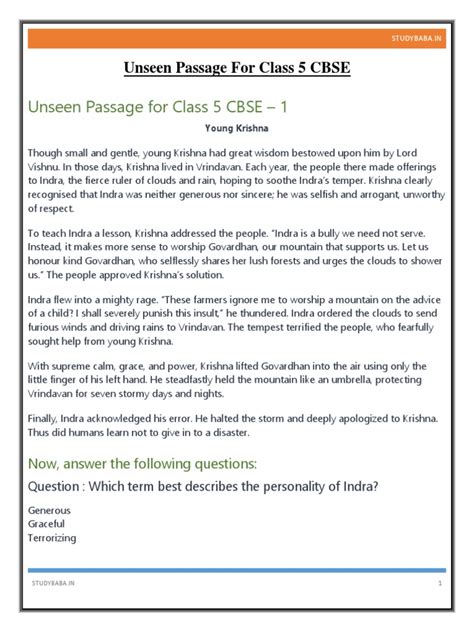 Unseen Passage For Class 5 Cbse Pdf