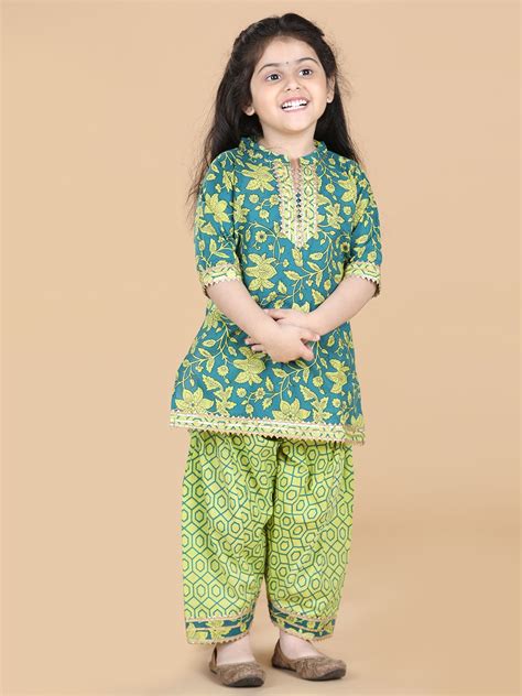 Buy Adiva Girls Green Floral Printed Gotta Patti Pure Cotton Kurti With