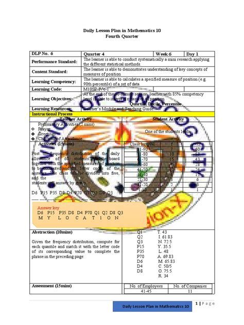 Lesson Plan In Grade 10 Mathematics Week 6 Pdf Percentile Learning