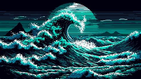 쓰나미 바다 파도 풍경 Ai는 눈에 띄는 픽셀화된 자연 재해로 8비트 픽셀 게임 장면 배경을 생성했습니다 기상 조건은 격동하는 바다 폭풍의 강도와 힘을 포착합니다 프리미엄 벡터