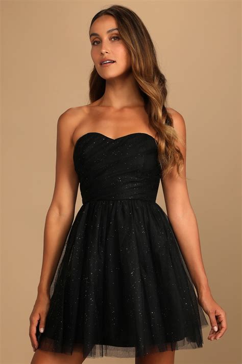 Black Skater Dress Strapless Skater Dress Glitter Mini Dress Lulus