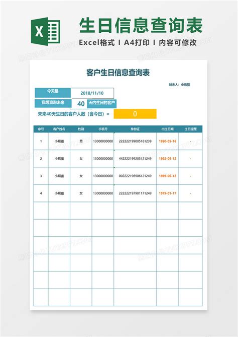 客户生日信息查询表Excel模板下载 熊猫办公
