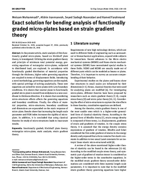 Pdf Exact Solution For Bending Analysis Of Functionally Graded Micro Plates Based On Strain