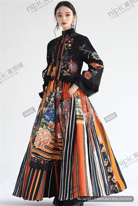 Ai创作图服装花型民族风 彝族绣花女装 绸绣马面裙 潞西彝族女装 缎钉绫花卉纹皮边女冬 民族风特色服装 绢绣马面裙 彝族贴布蜡染女装 彝族服饰百褶裙 马面裙龙凤纹百褶裙 彝族女士服装 复古名族